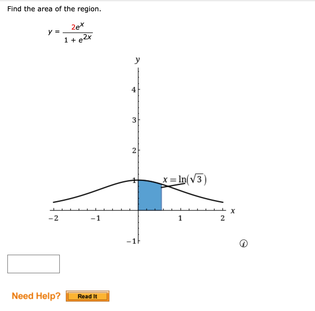 Solved Find the area of the region.y=2ex1+e2x | Chegg.com | Chegg.com