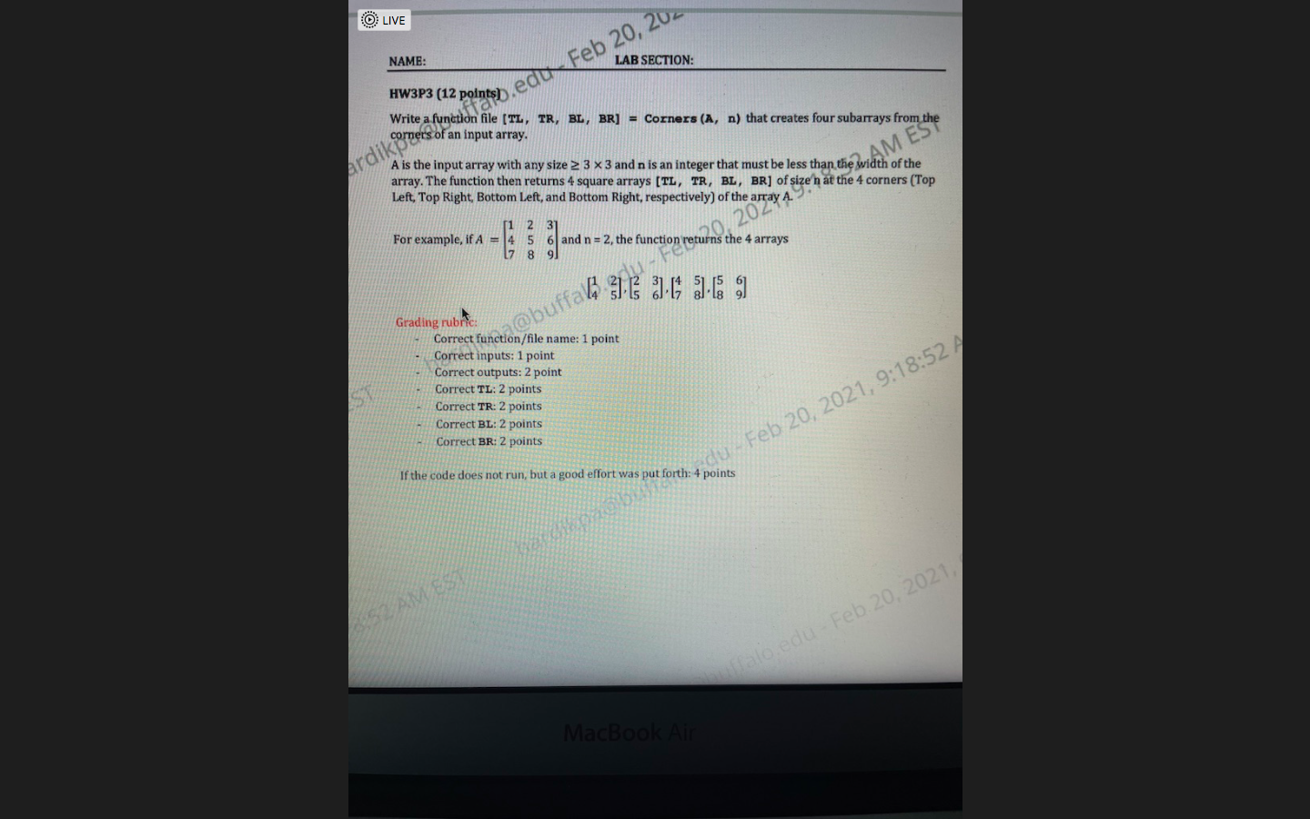 Solved O LIVE NAME: LAB SECTION: HW3P3 (12 points) ed Feb | Chegg.com