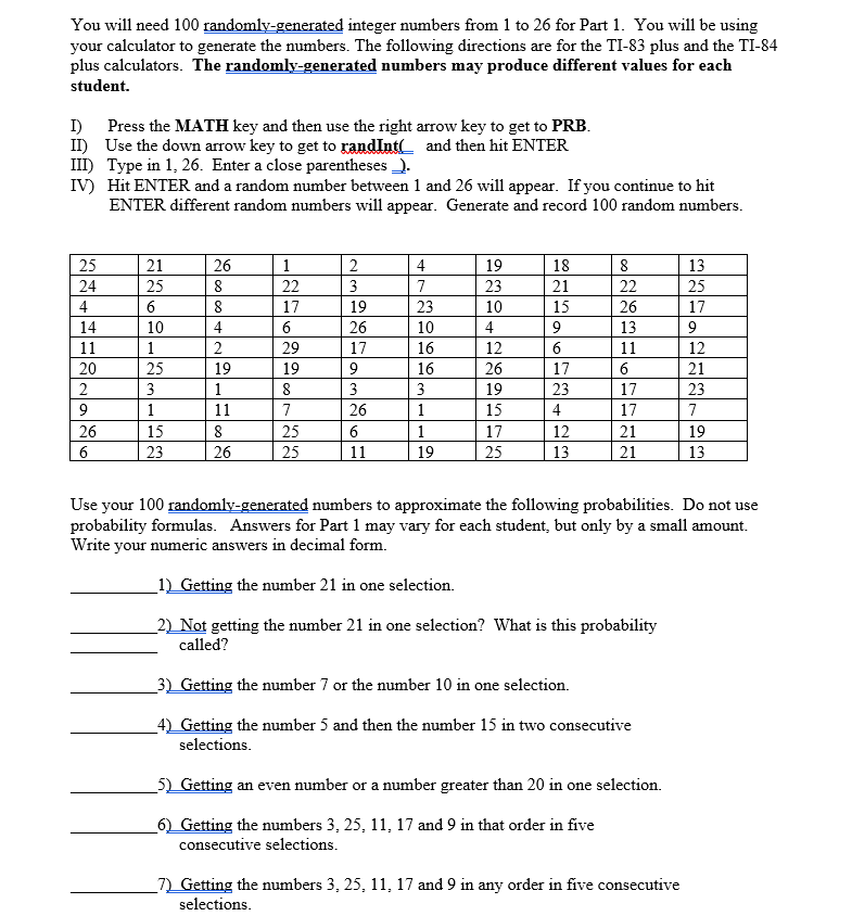 Solved You will need 100 randomly-generated integer numbers | Chegg.com