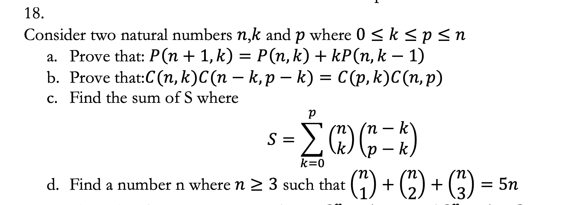 Solved onsider two natural numbers n,k and p where 0≤k≤p≤n | Chegg.com
