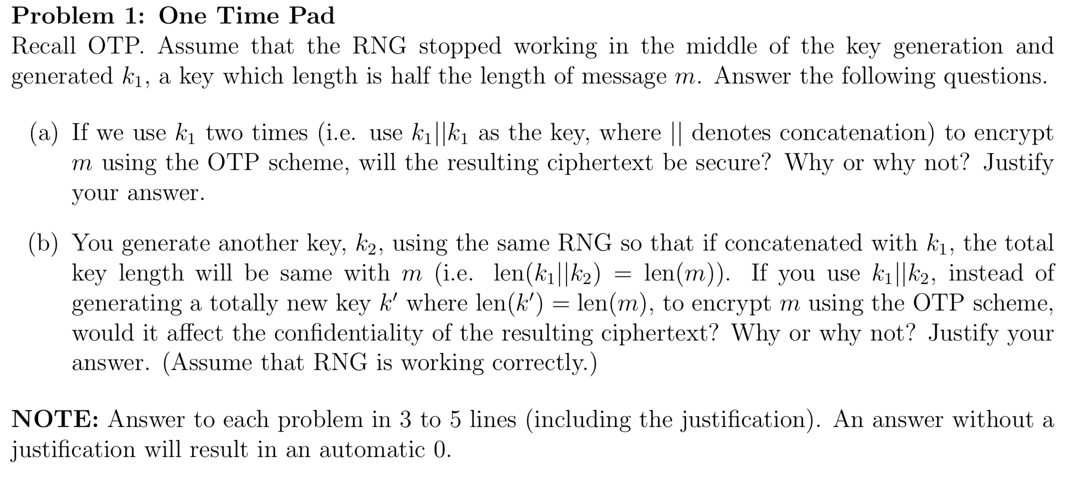 Solved Problem 1: One Time Pad Recall OTP. Assume that the | Chegg.com
