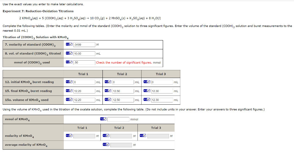 Solved I need help with the last table so the mmol of KMnO4, | Chegg.com