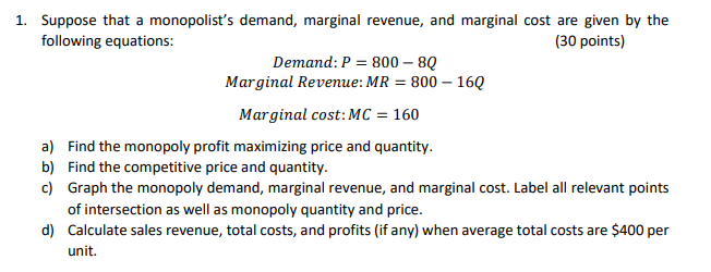 Suppose that a monopolist's demand, marginal revenue, | Chegg.com