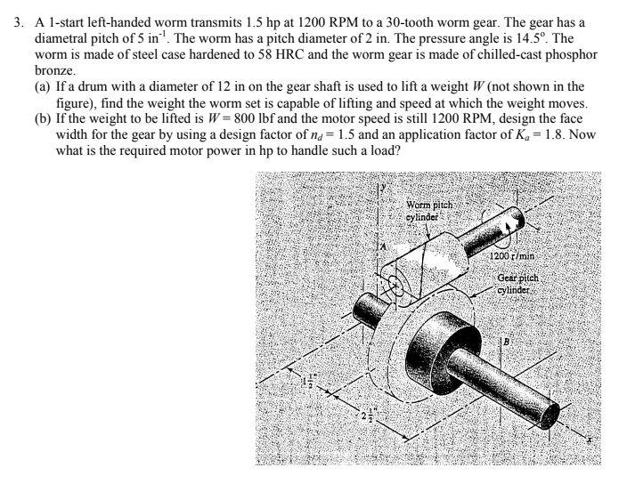 3. A 1-start left-handed worm transmits 1.5 hp at | Chegg.com