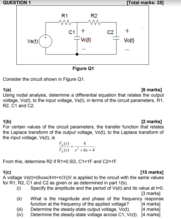 Solved QUESTION 1 [Total marks: 25] R1 R2 C1! + +Vc(t) C2 Ī | Chegg.com