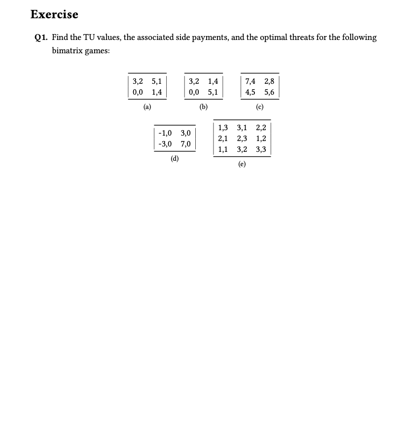Solved Q1. Find the TU values, the associated side payments, | Chegg.com