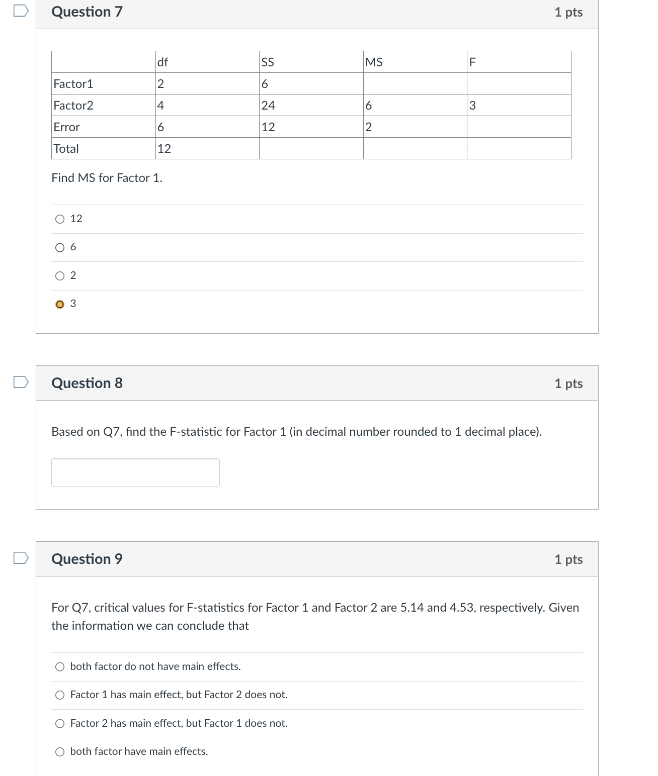 Solved Find MS for Factor 1. 12 6 2 3 Question 8 1 pts Based | Chegg.com