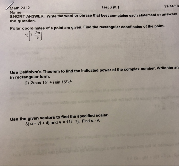 Solved Math 2412 Name SHORT ANSWER. Write the word or phrase | Chegg.com