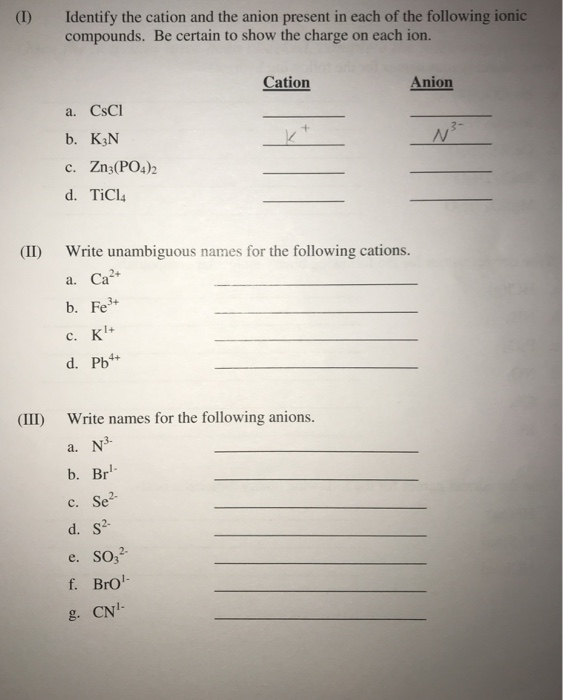 Solved (I) Identify the cation and the anion present in each | Chegg.com