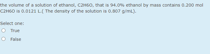 Solved the volume of a solution of ethanol, C2H60, that is | Chegg.com