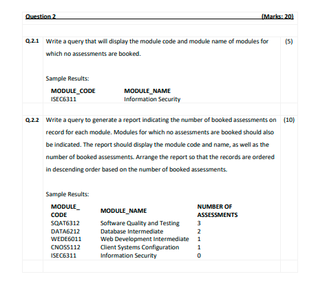 Solved 2.1 Write a query that will display the module code | Chegg.com