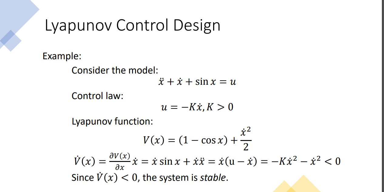 Solved Lyapunov Control Design Example: Consider the model: | Chegg.com