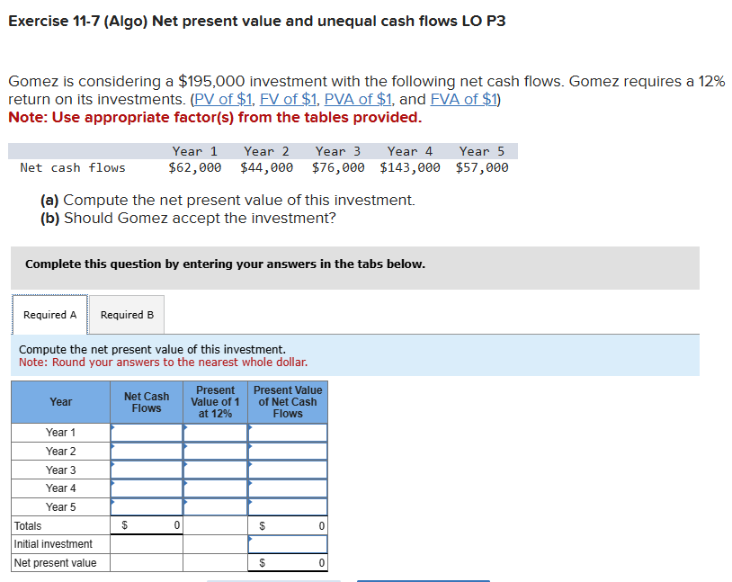 Solved Exercise 11-7 (Algo) ﻿Net present value and unequal | Chegg.com