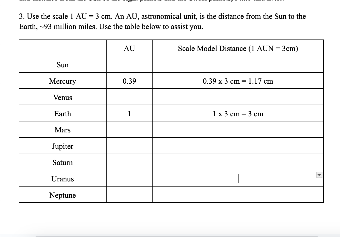 Solved Use the scale 1AU=3cm. ﻿An AU, ﻿astronomical unit, is | Chegg.com
