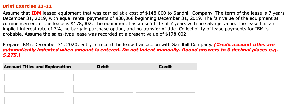 Solved Brief Exercise 21-11 Assume that IBM leased equipment | Chegg.com