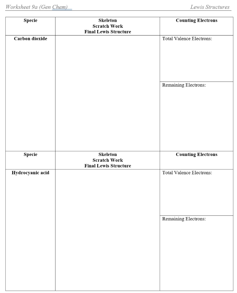 Solved Worksheet 9a (Gen Chem) Lewis Structures Specie | Chegg.com