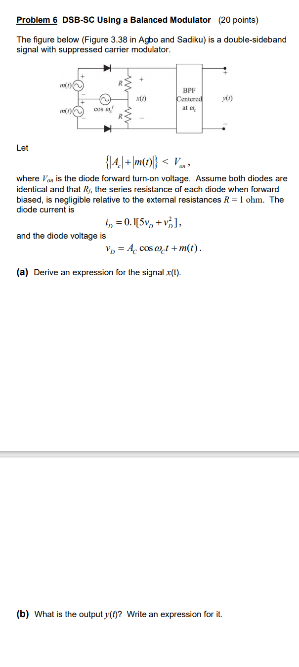 Solved Problem 6 Dsb Sc Using A Balanced Modulator 20