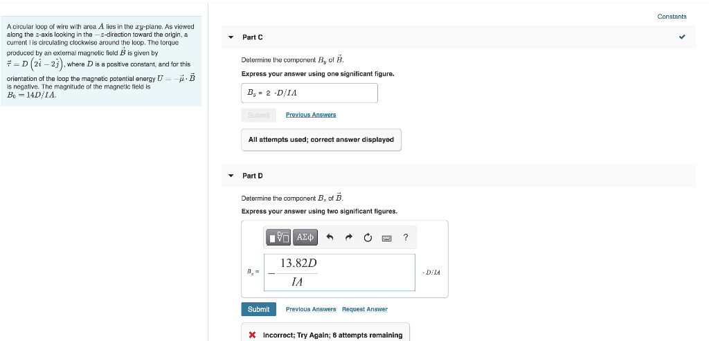Solved Constants Part A A circular loop of wire with area A | Chegg.com