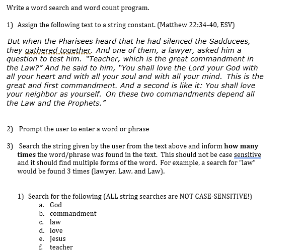 Solved Write a word search and word count program. 1) Assign | Chegg.com