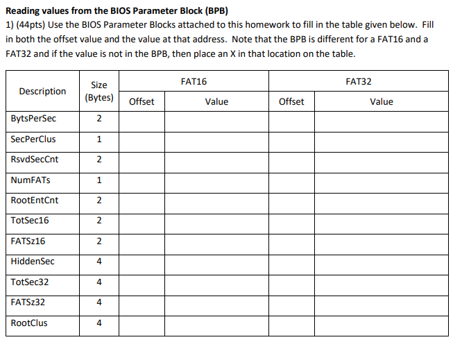 Reading values from the BIOS Parameter Block (BPB) 1) | Chegg.com