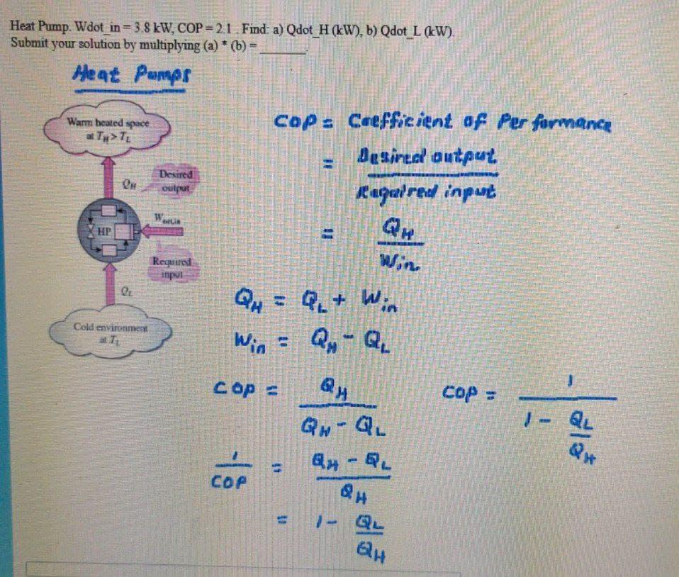 Solved Heat Pump. Wdot in=3.8 LW, COP = 2.1 Find: a) Qdot_H | Chegg.com