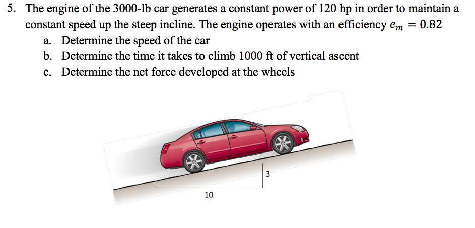 Solved 5. The engine of the 3000-lb car generates a constant | Chegg.com