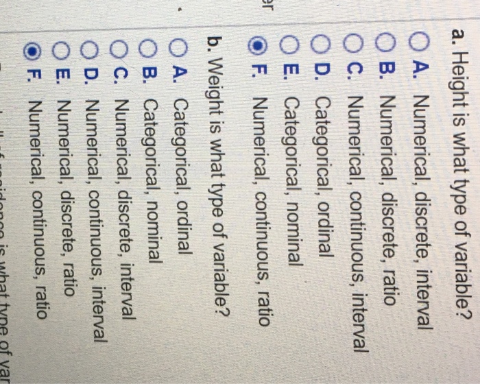 Solved a. Height is what type of variable? O A. Numerical, | Chegg.com