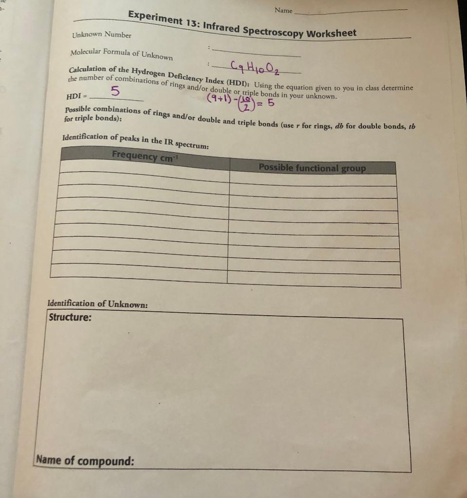 Solved Name Experiment 13: Infrared Spectroscopy Worksheet | Chegg.com