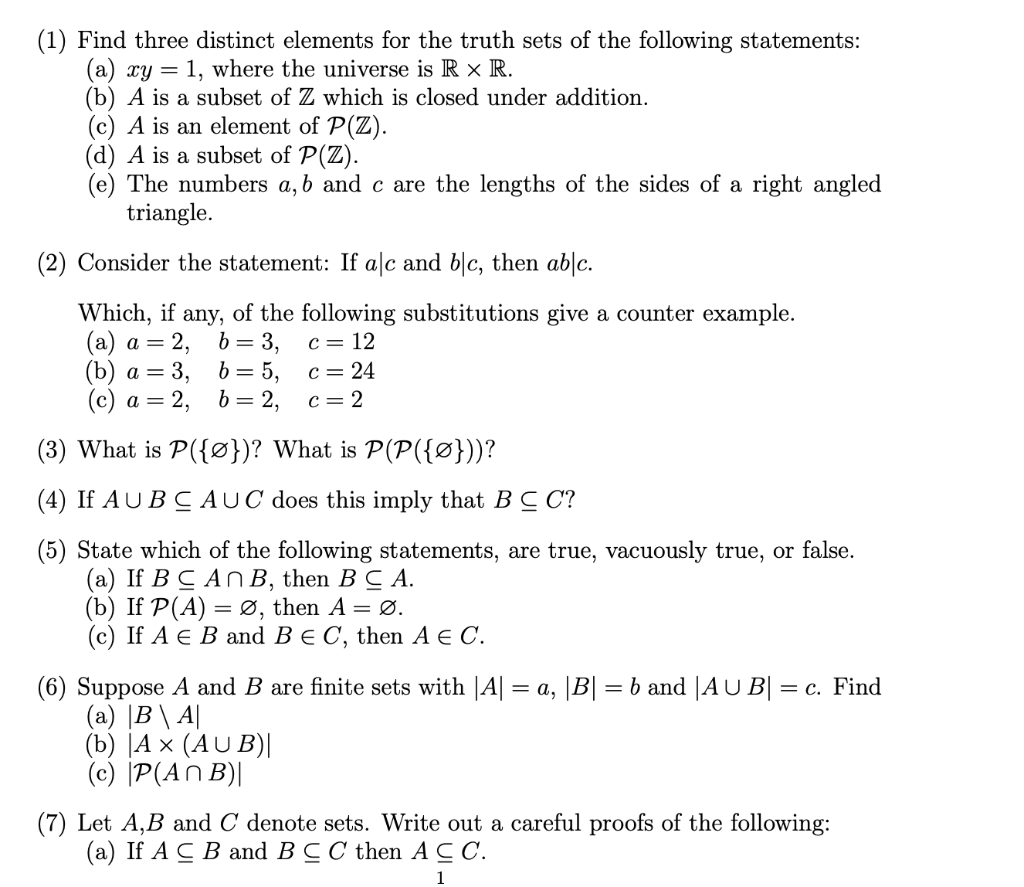 Solved (1) Find three distinct elements for the truth sets | Chegg.com