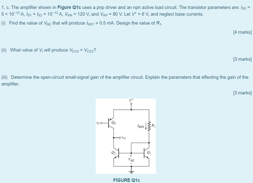 Solved 1. c. The amplifier shown in Figure Q1c uses a pnp | Chegg.com