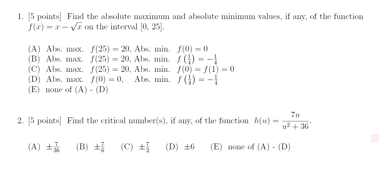 Solved 1. [5 points) Find the absolute maximum and absolute | Chegg.com