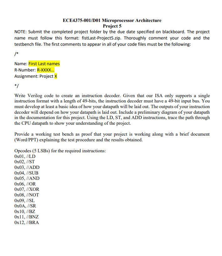 ECE4375-001/D01 Microprocessor Architecture Project 5 | Chegg.com