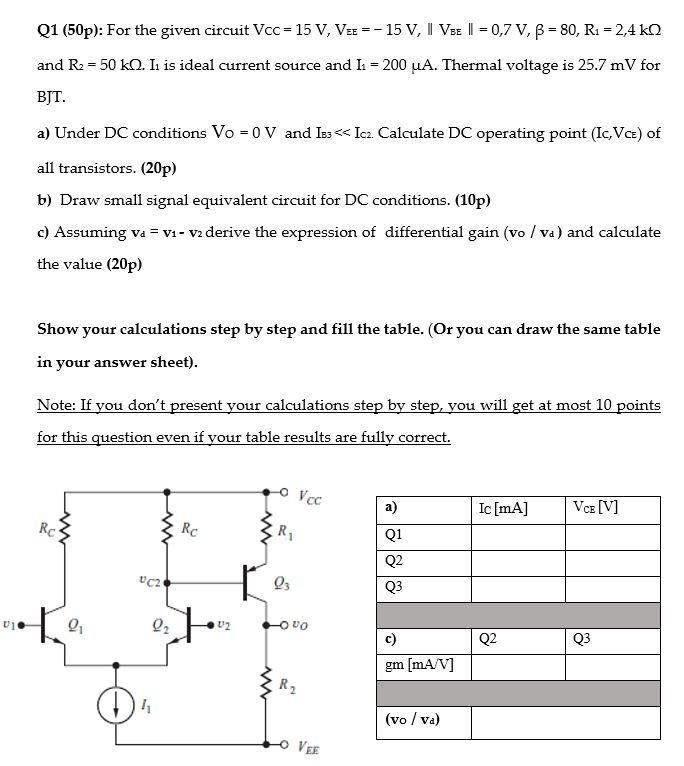 Solved Q1 (50p): For the given circuit Vcc= 15 V, VEE =- 15 | Chegg.com