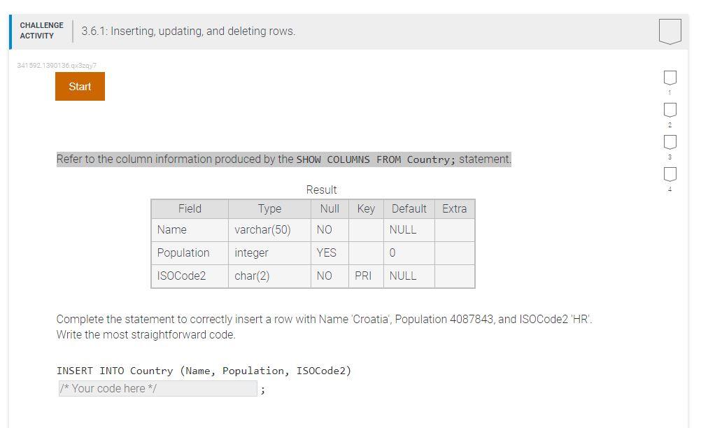 Solved CHALLENGE ACTIVITY 3.6.1: Inserting, updating, and | Chegg.com Solved CHALLENGE ACTIVITY 3.6.1: Inserting, updating, and | Chegg.com