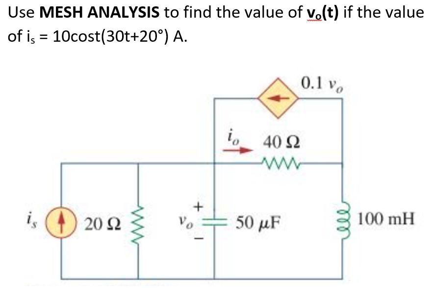 Solved Use MESH ANALYSIS to find the value of vo(t) if the | Chegg.com