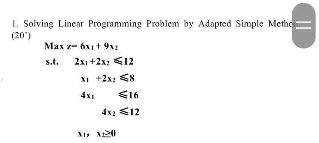 Solved 1. Solving Linear Programming Problem by Adapted | Chegg.com