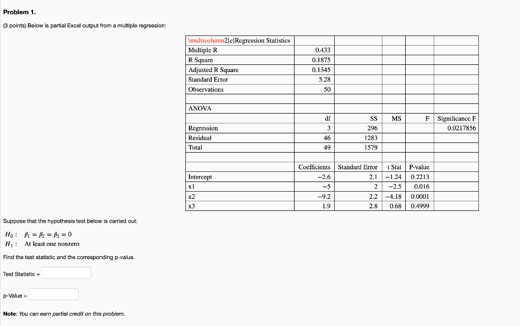 Solved Problem 1 3 Points Below Is Partial Excel Output 