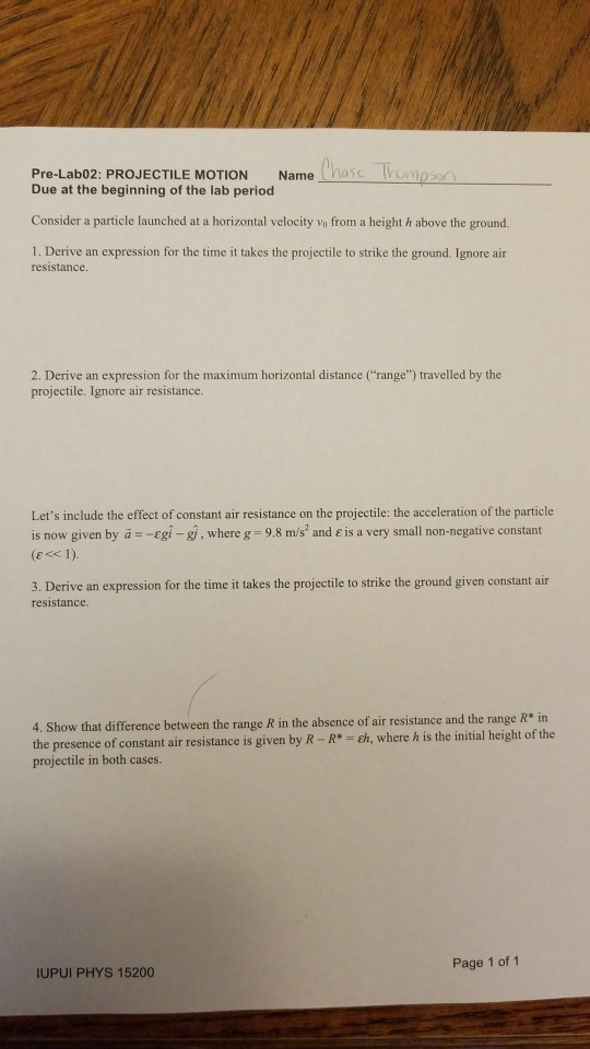 Solved Pre-Lab02: PROJECTILE MOTION Name hase Due at the | Chegg.com