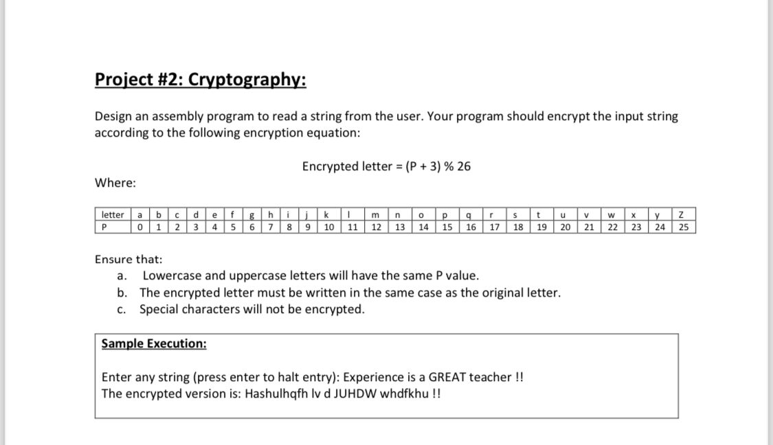 Solved Project #2: Cryptography:Design an assembly program | Chegg.com