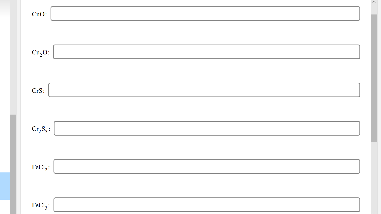 Solved CuO: CrS: FeCl,: FeCl,: C FeCl2 | Chegg.com