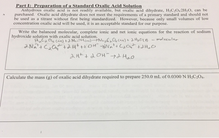 Solved Part I: Preparation of a Standard Oxalic Acid | Chegg.com