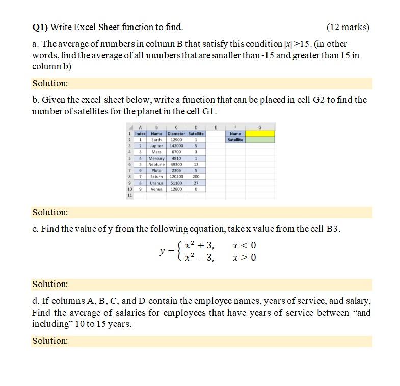 Q1) Write Excel Sheet function to find. (12 marks) a. | Chegg.com
