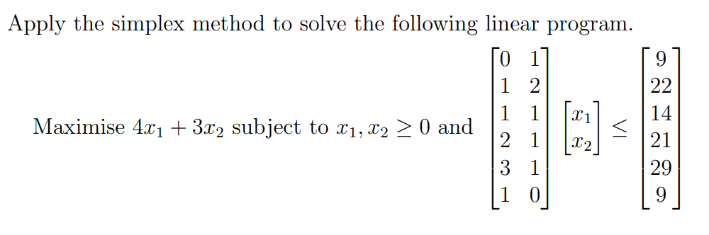 Solved Apply the simplex method to solve the following | Chegg.com