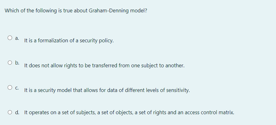 Solved Which of the following is true about Graham-Denning | Chegg.com