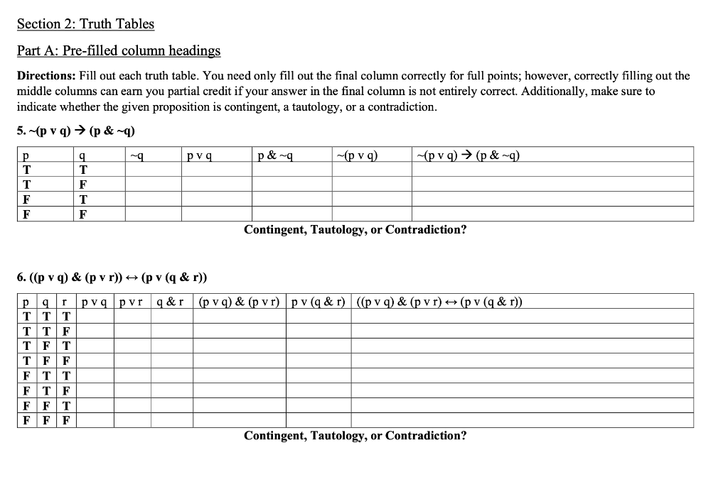 Section 2: Truth Tables Part A: Pre-filled column | Chegg.com