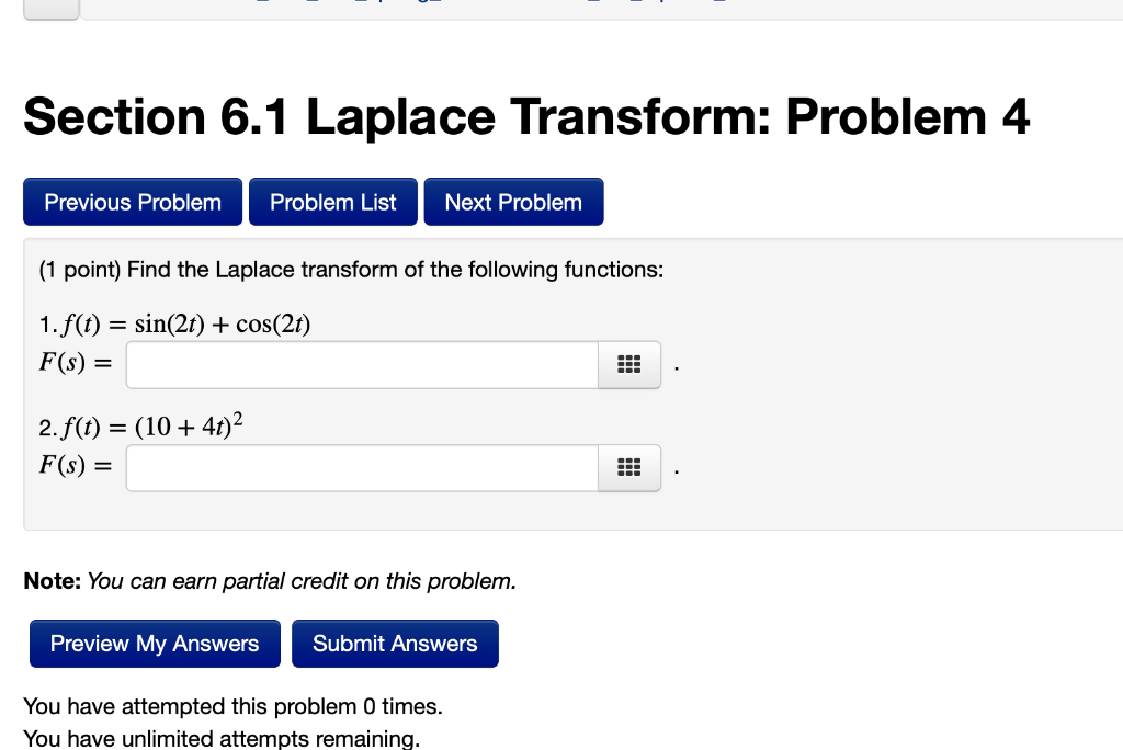 Solved Section 6.1 Laplace Transform: Problem 4 Previous | Chegg.com