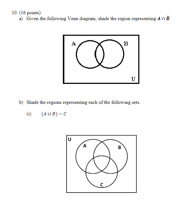 Solved 10. (16 points) a) Given the following Venn diagram, | Chegg.com