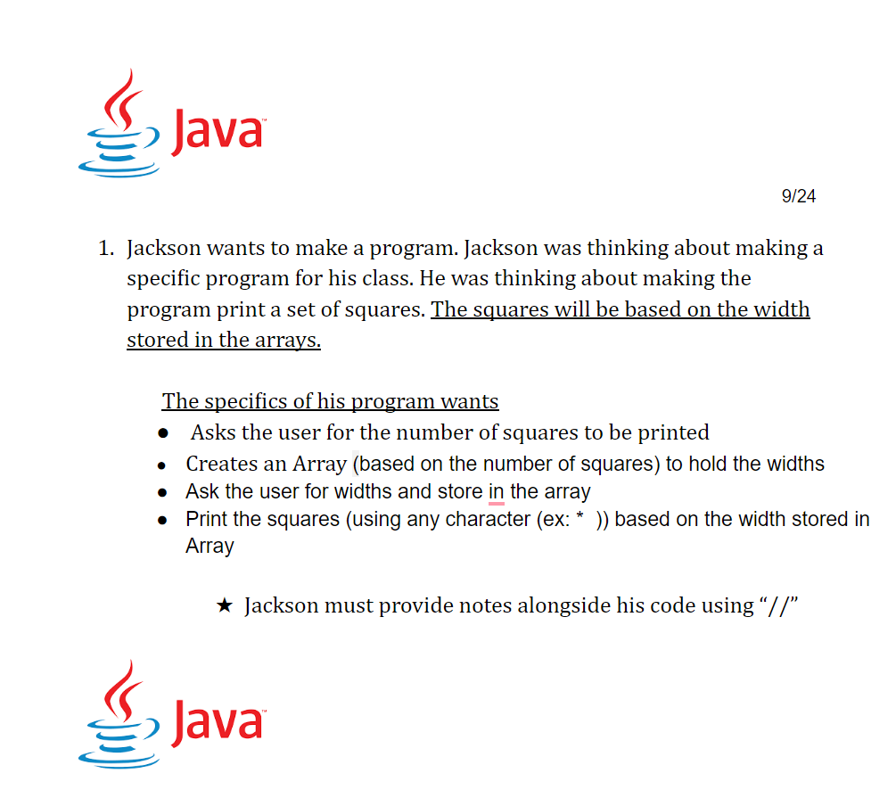 Solved Java 9/24 1. Jackson wants to make a program. Jackson | Chegg.com