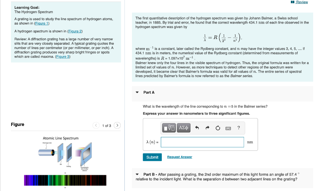 Solved Review Learning Goal The Hydrogen Spectrum A Grating