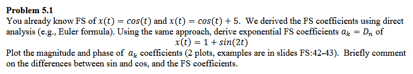 Solved Problem 5.1 You already know FS of x(t) = cos(t) and | Chegg.com